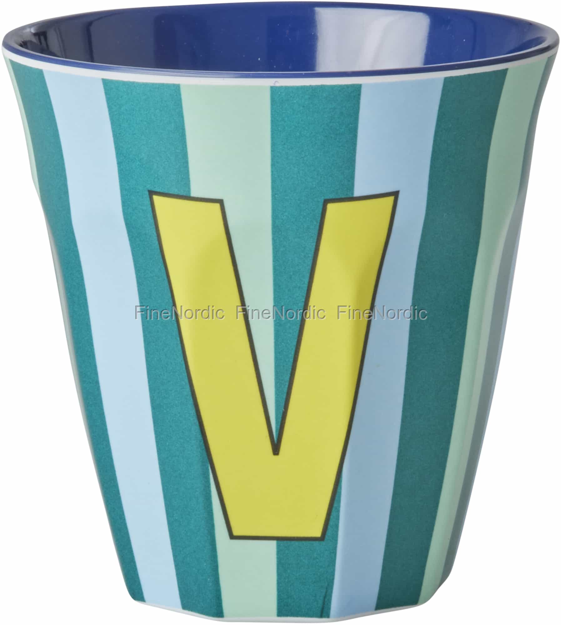 Rice Melamin Kop med Bogstav V - Alfabet Striber Blueish