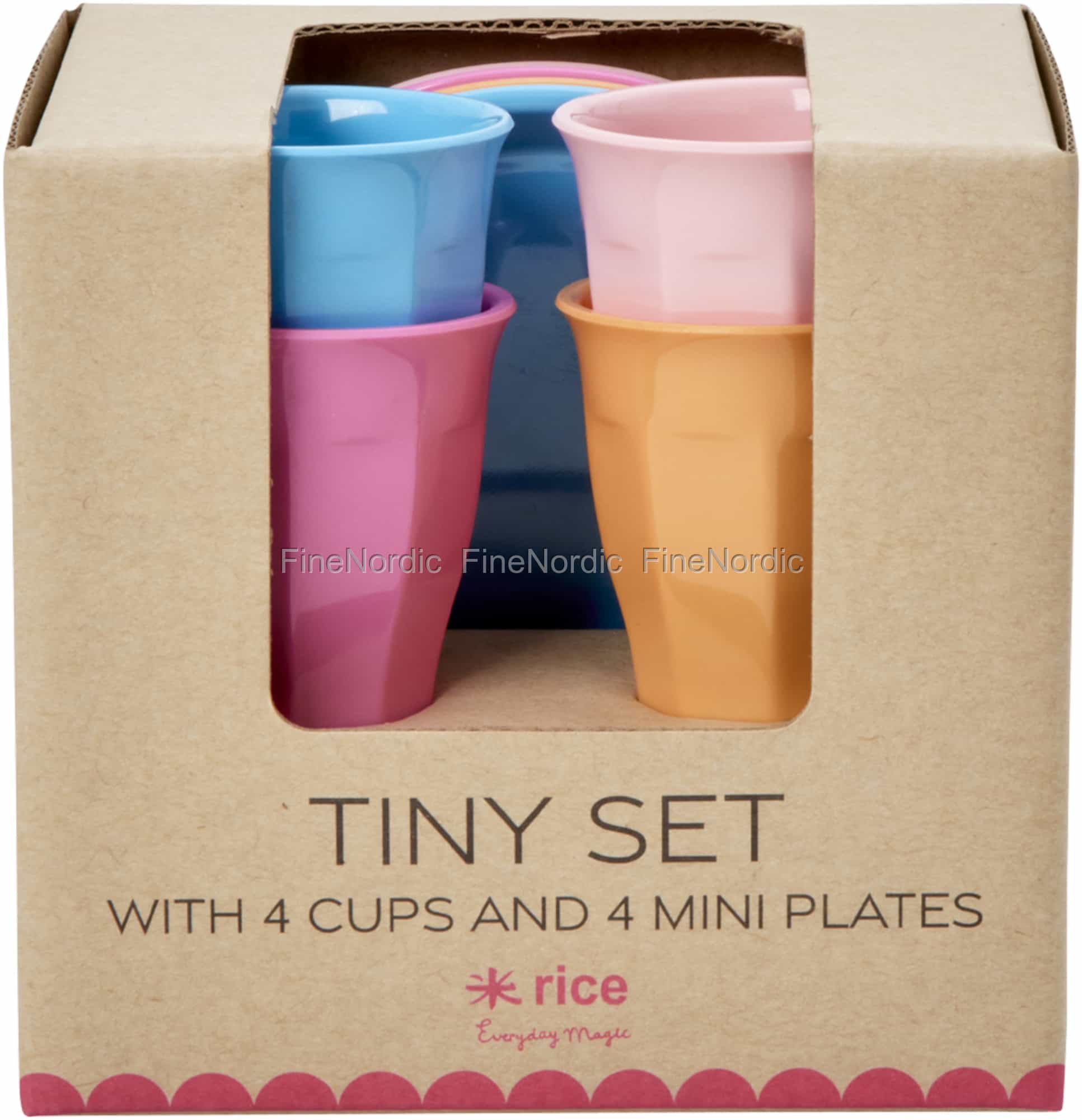 Rice Melamin Mini Sæt - 4 Mini Kopper og 4 Mini Tallerkener i Gaveæske