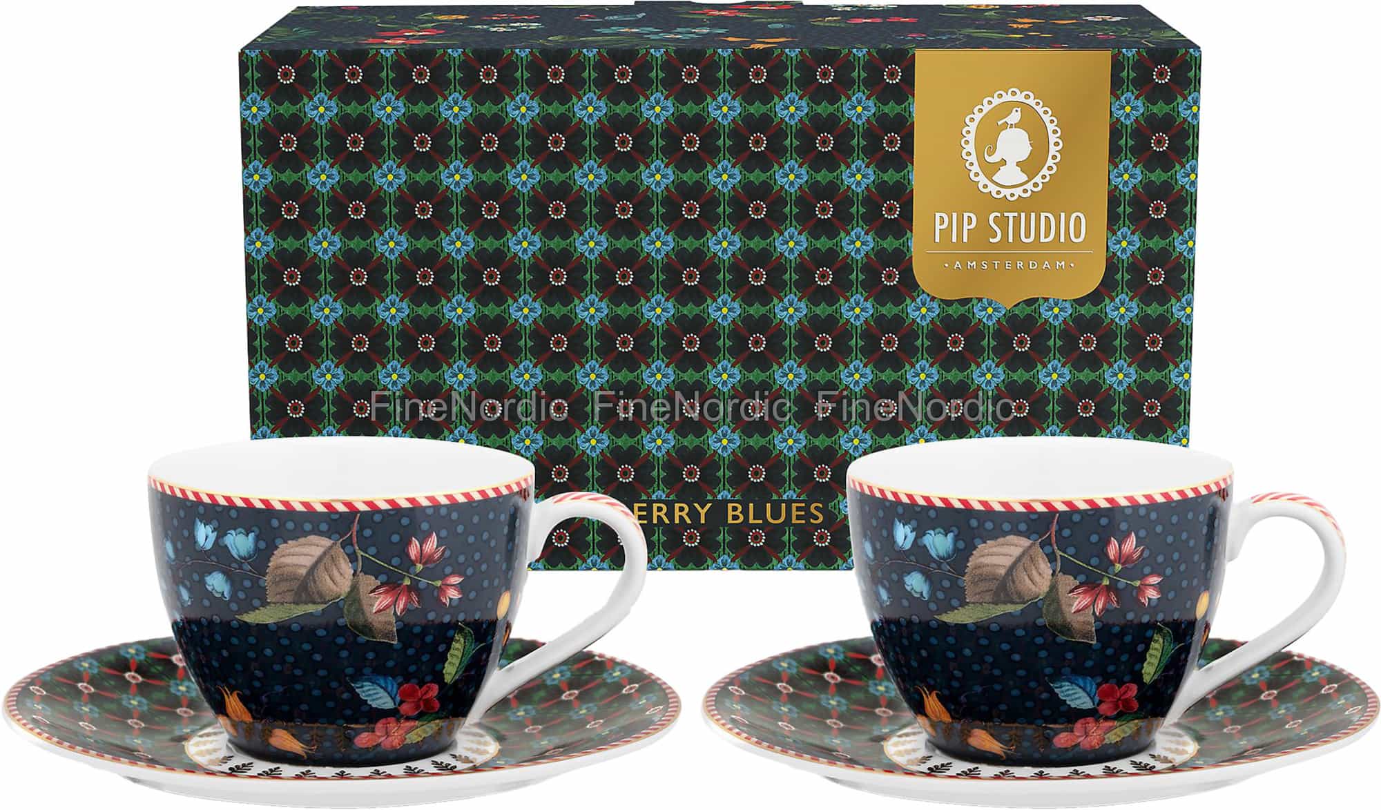 Pip Studio Espressokopper & Underkopper Berry Blues Sæt med 2 i Gaveæske