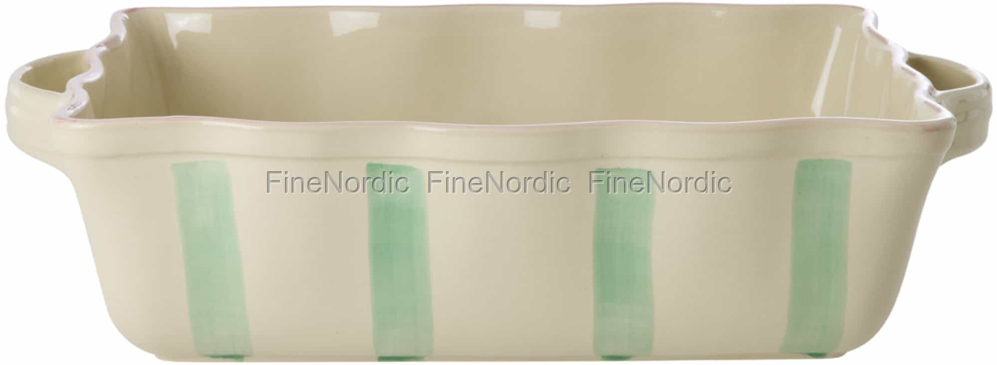 Rice Stoneware Ildfast Fad - Creme - Grønne Striber - Lyserød Kant - Stor