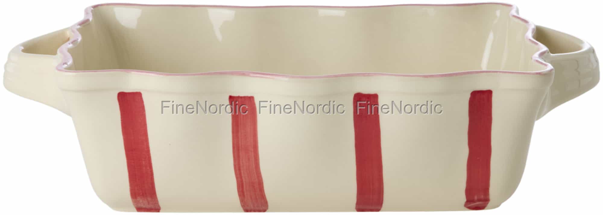 Rice Stoneware Ildfast Fad - Creme - Røde striber - Lyserød Kant - Medium