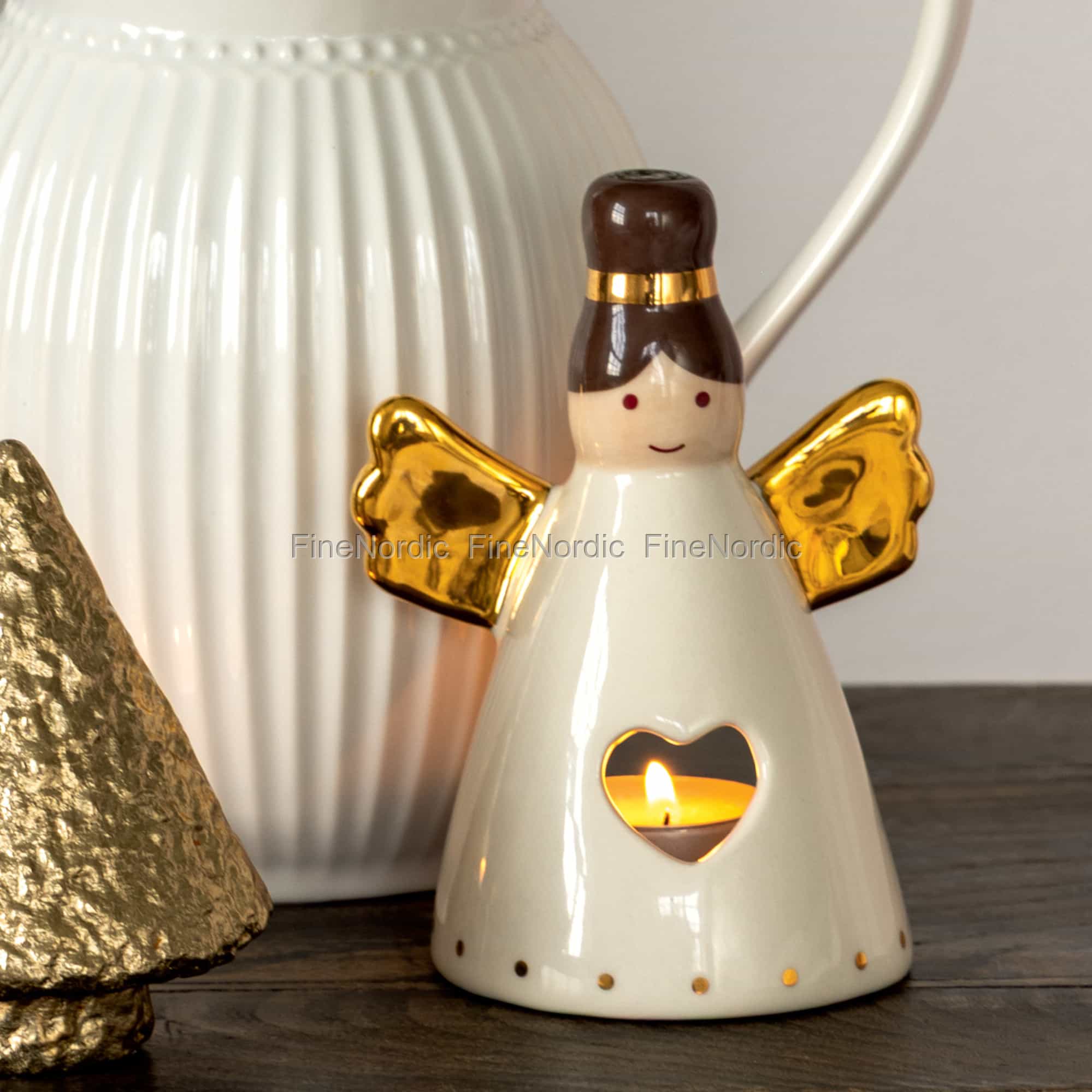 GreenGate Engel Fyrfadsstage | Hvid & Guld Keramik